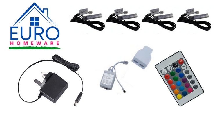 4x RGB LED clips for glass shelves (16 colors remote control LED light ...